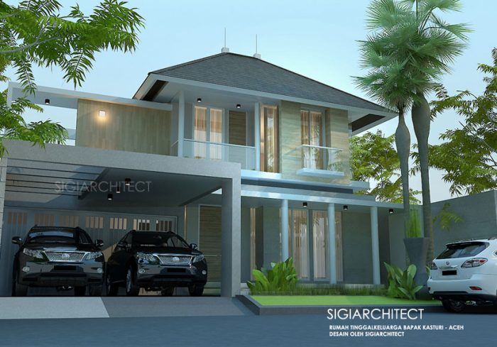 RUMAH MINIMALIS TYPE 250 M2 2 lantai, desain fasad tropis modern