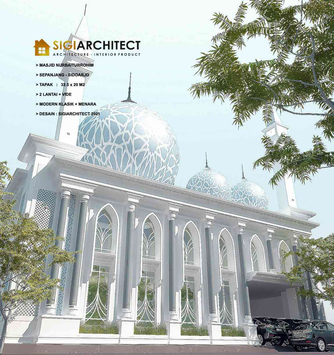 Desain Masjid 2 Lantai, Kubah & Menara Modern Klasik