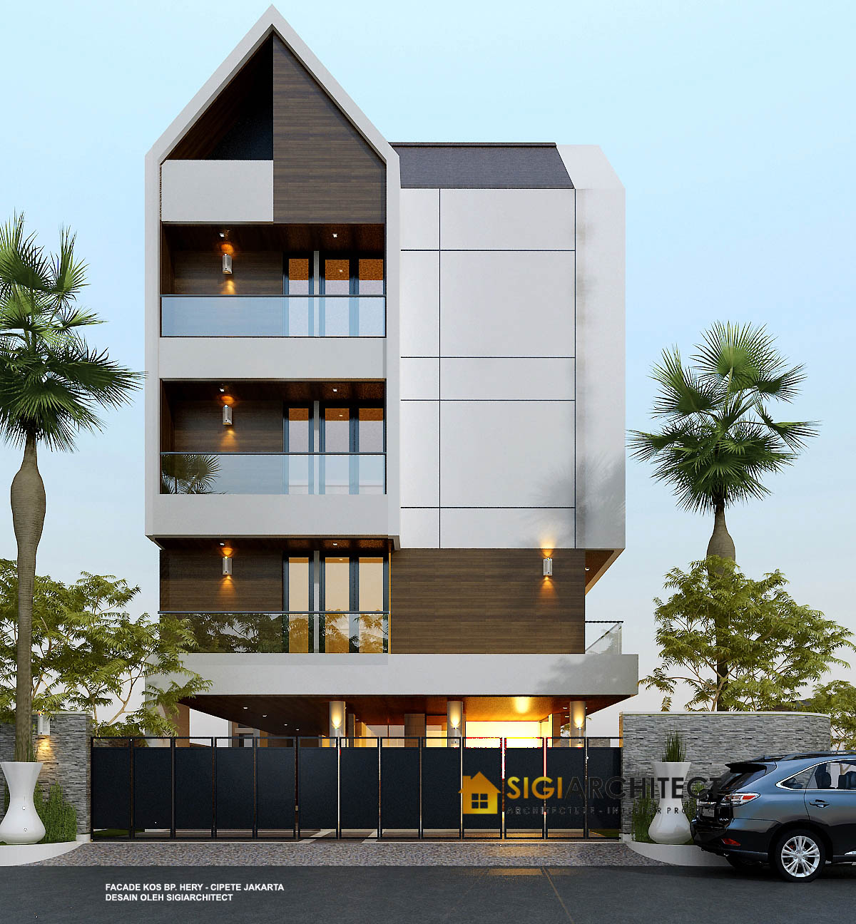 DESAIN KOS 4 LANTAI HOEK MODERN MINIMALIS – Jasa Arsitek Desain Rumah Mewah Vila & Kos